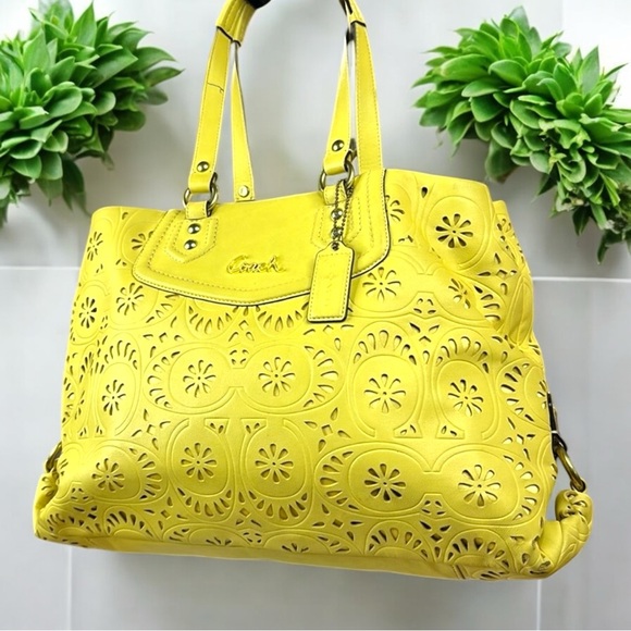 Coach | Bags | Coach Yellow Floral Perforated Leather Tote | Poshmark